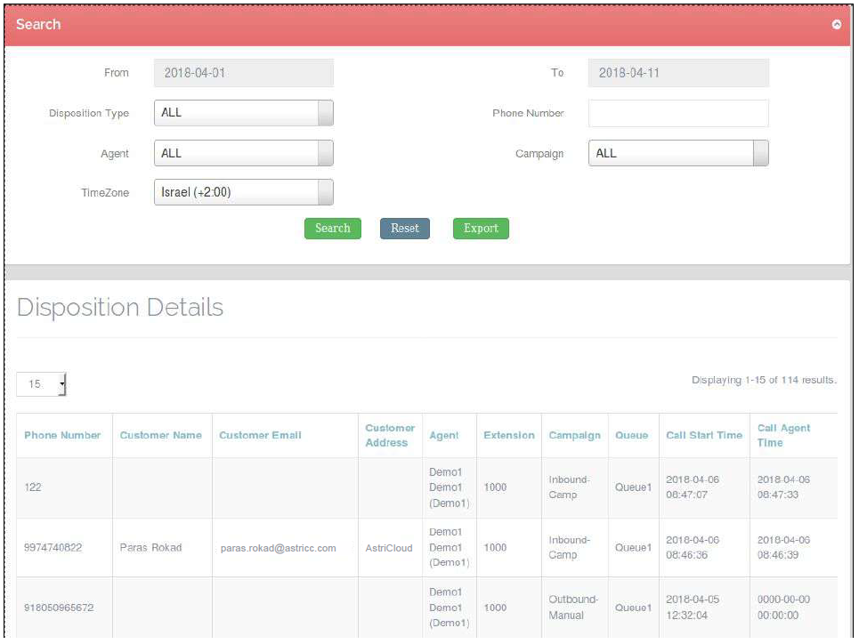 AstriCC Report (Supervisor View) – System Report = Disposition Details – Knowledge Center